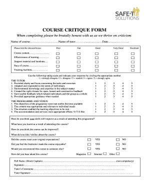 Fillable Online safe-t-solutions co COURSE CRITIQUE FORM - bSafeb-T ...