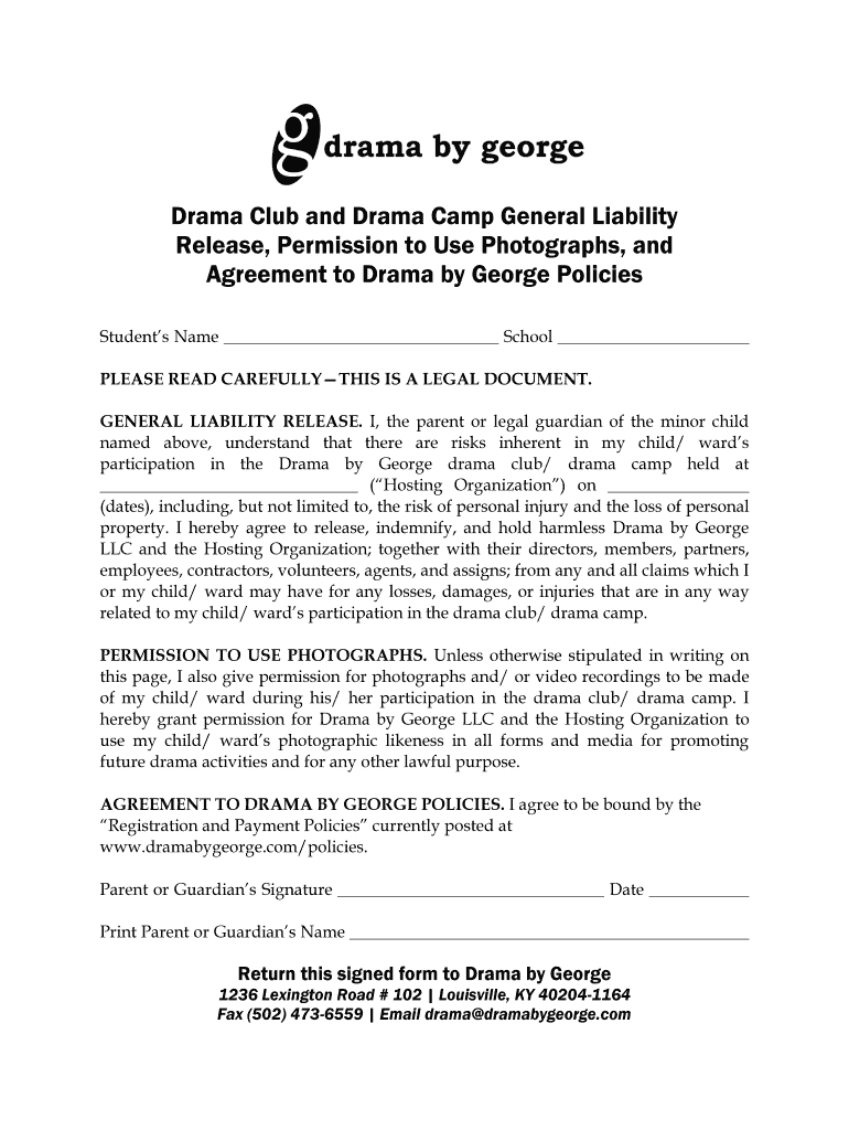 Fillable Online Drama Club and Drama Camp General Liability ... - Drama ...
