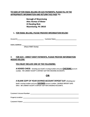Fillable Online TO SIGN UP FOR EMAIL BILLING OR ACH PAYMENTS PLEASE ...