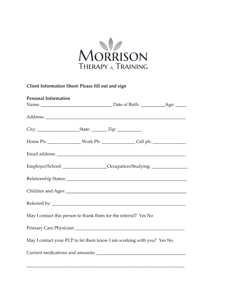 Fillable Online Client Information Sheet1.doc Fax Email Print - pdfFiller