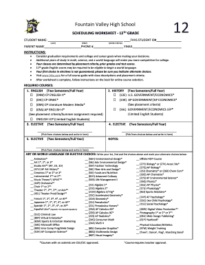 Fillable Online 12 Fountain Valley High School SCHEDULING WORKSHEET ...