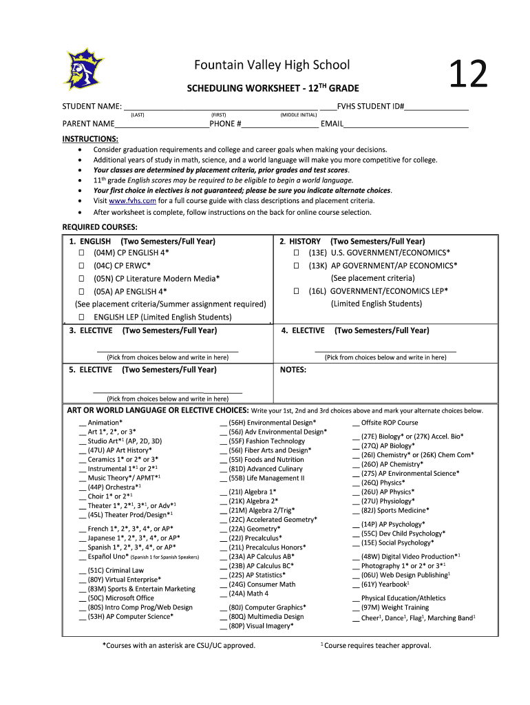 Fillable Online 12 Fountain Valley High School SCHEDULING WORKSHEET ...
