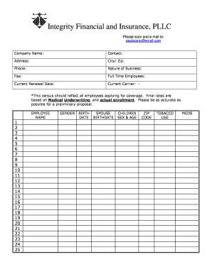 Fillable Online 2014 - Integrity Financial - census form Fax Email ...