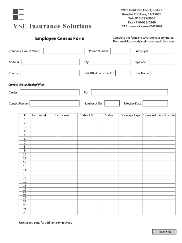 Fillable Online Employee Census Form - VSE Insurance Solutions Fax ...