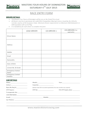 Fillable Online RACE ENTRY FORM - Masters Historic Racing Fax Email ...