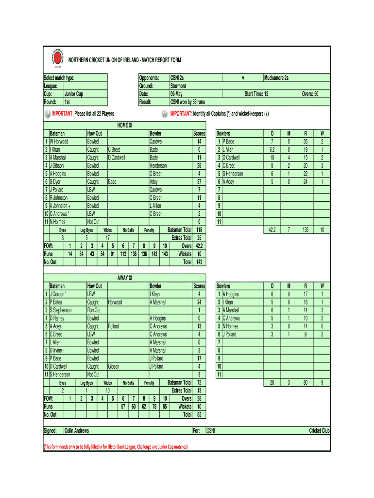 Fillable Online NORTHERN CRICKET UNION OF IRELAND - MATCH REPORT FORM ...