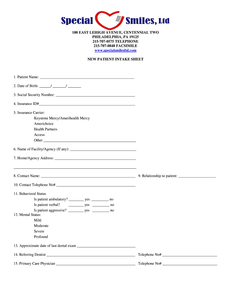 Fillable Online 1-SSL Intake Sheet.pdf - Special Smiles Ltd Fax Email ...