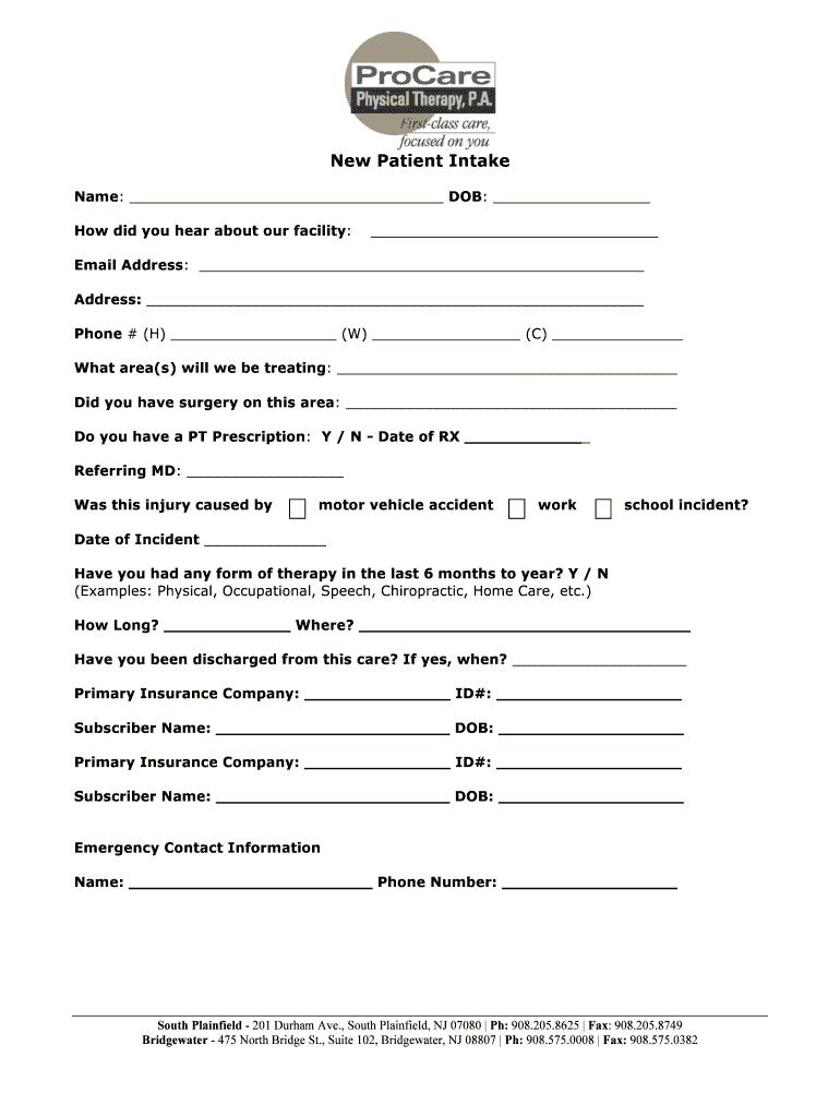Fillable Online procarept New patient intake online - ProCare Physical Therapy - procarept Fax ...