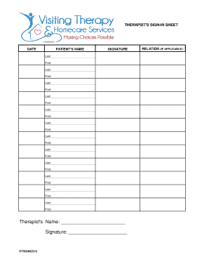 Fillable Online THERAPIST 'S SIGNIN SHEET DATE PATIENT 'S NAME ...