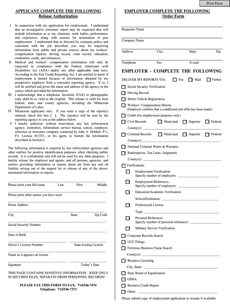 Fillable Online Applicant complete the following - John A. DeMarr P.I ...