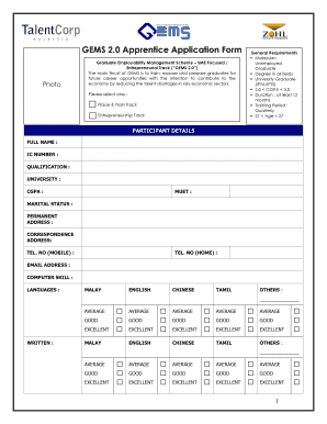 Fillable Online GEMS 20 Apprentice Application Form - ZOHL GROUP Fax ...