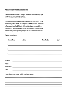 Fillable Online THORNWILDE BOARD MEMBER NOMINATION FORM Fax Email Print ...