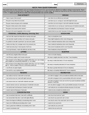 Fillable Online NECK PAIN QUESTIONNAIRE This questionnaire has been ...
