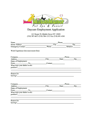 Fillable Online Daycare Employment Application - Milton Manor Pet Spa ...