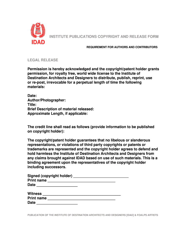 Fillable Online idad INSTITUTE PUBLICATIONS COPYRIGHT AND RELEASE FORM ...