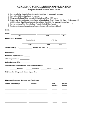 Fillable Online ACADEMIC SCHOLARSHIP APPPLICATION Emporia State Federal Fax Email Print - pdfFiller