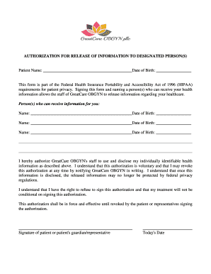 Fillable Online AUTHORIZATION FOR RELEASE OF INFORMATION TO DESIGNATED ...