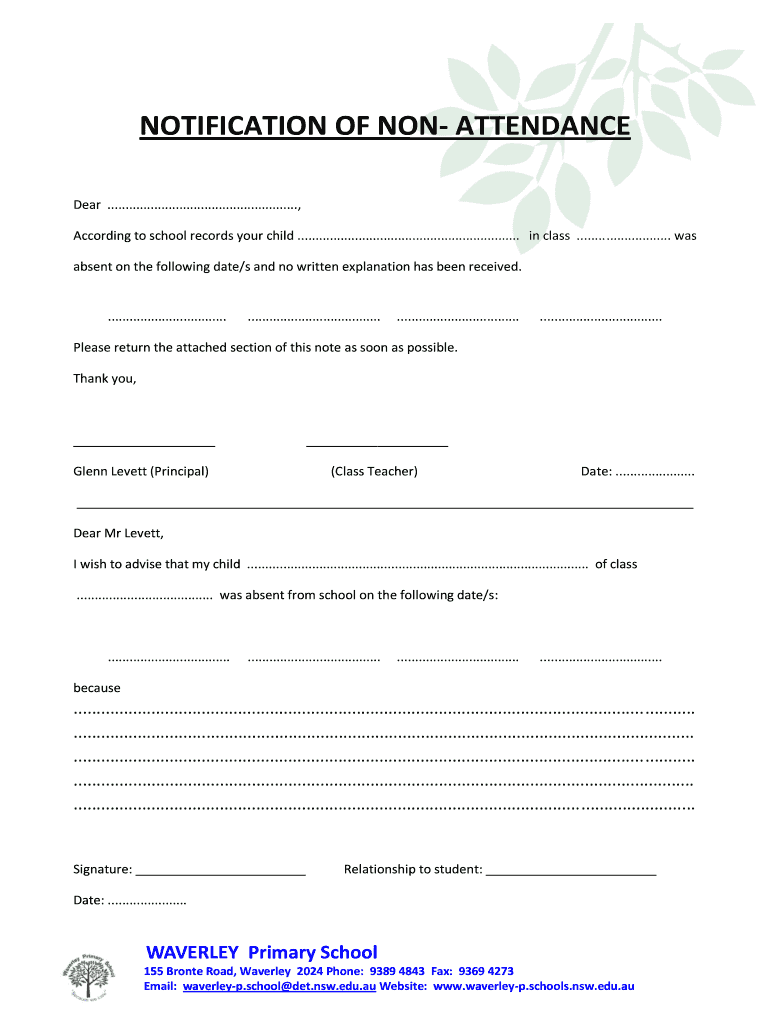 Fillable Online NOTIFICATION OF NON- ATTENDANCE - Waverley Primary ...