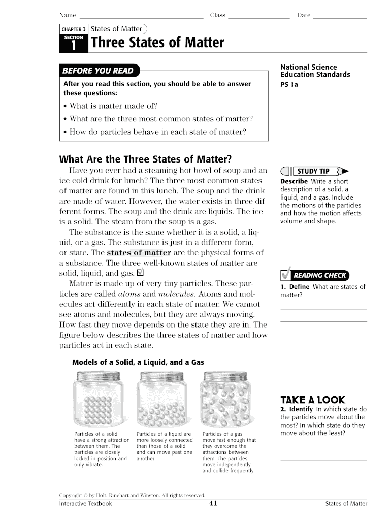 Fillable Online 3 States of Matter SECTION 1 Three States of Matter Fax ...