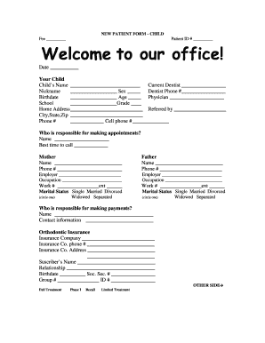 Fillable Online NEW PATIENT FORM - CHILD Fee Patient ID Welcome to our ...