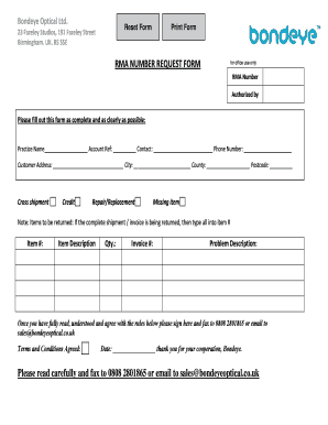 Fillable Online bondeyeoptical co RMA NUMBER REQUEST FORM Please read ...