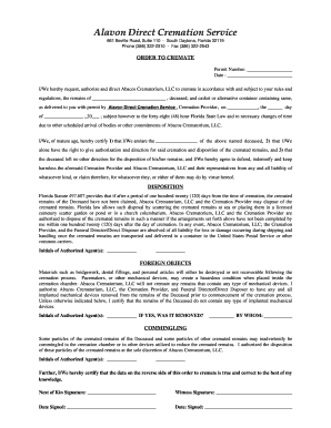 Fillable Online Order to Cremate Form. - Alavon Direct Cremation ...