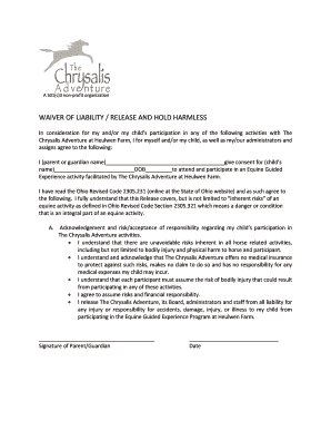 Fillable Online Waiver of Liability and Hold Harmless for Minors ...