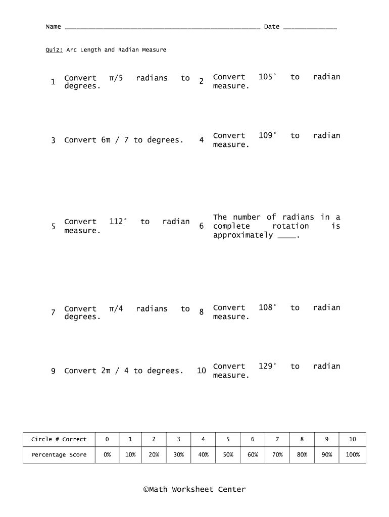 Fillable Online Name Date Math Worksheet Center Quiz: Arc Length and ...