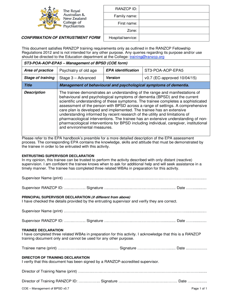Fillable Online ranzcp ST3-POA-AOP-EPA5 Management of BPSD (COE form ...