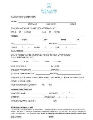 Fillable Online PATIENT INFORMATION PATIENT: LAST NAME FIRST NAME MIDDLE BY WHAT NAME WOULD YOU ...