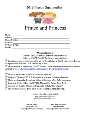Fillable Online 2016 Prince and Princess Printable Application - Pigeon ...