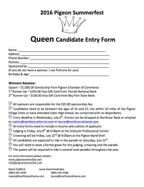 Fillable Online 2016 Queen Printable Application - Pigeon Chamber of ...