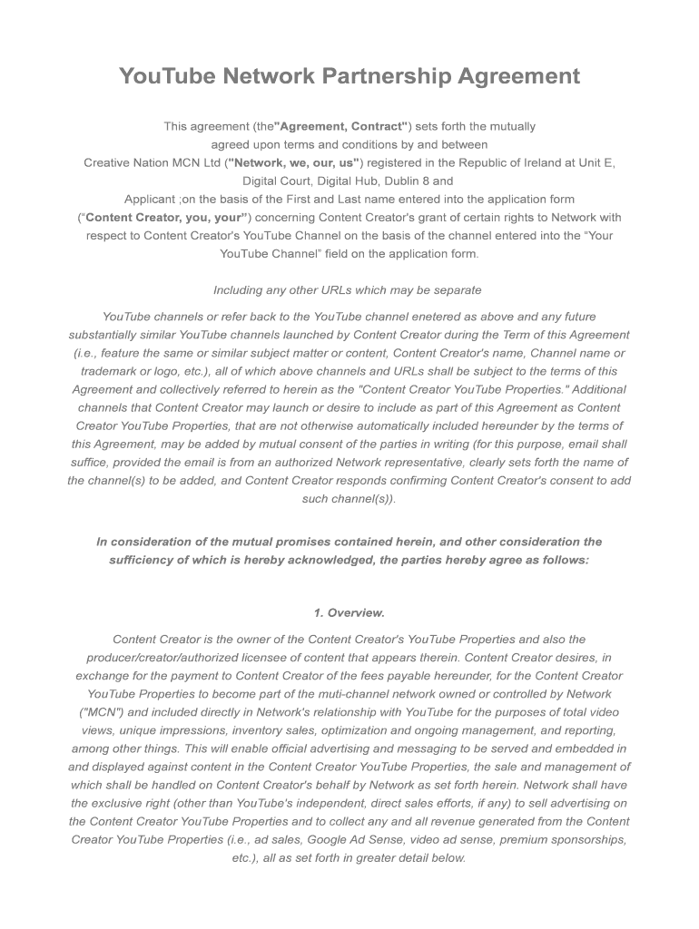 Youtube Channel Partnership Agreement - Fill Online, Printable ...