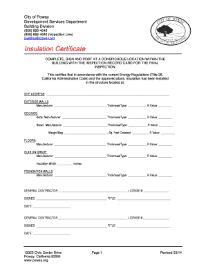 Fillable Online Insulation Certificate - Poway Fax Email Print - pdfFiller