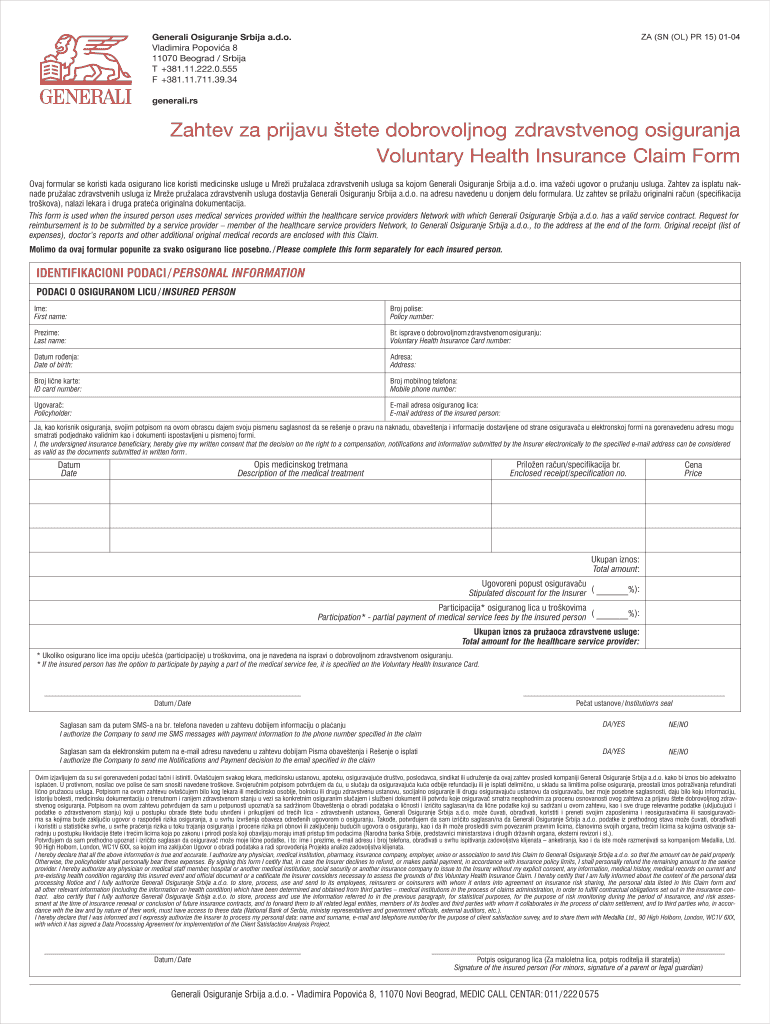 Fillable Online generali ZA SN OL PR 15 01-03 ZAHTEV za prijavu stete ...