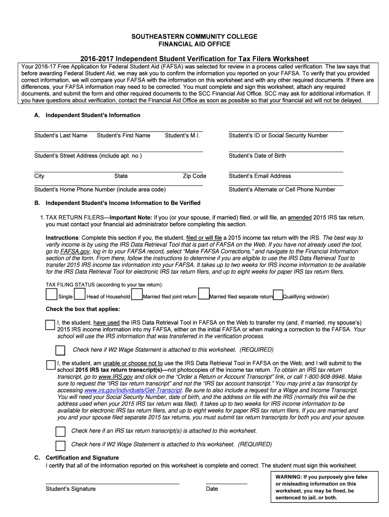 Fillable Online sccnc 16-17 Independent Verification for Tax Filers Worksheetdocx Fax Email ...
