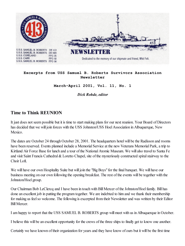 Fillable Online de413 March-April 2001 - USS Samuel B. Roberts DE-413 ...