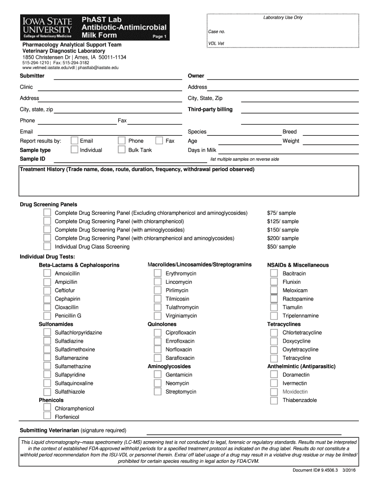 Fillable Online PhAST Antibiotic Panel Milk bFormb Fax Email Print - pdfFiller