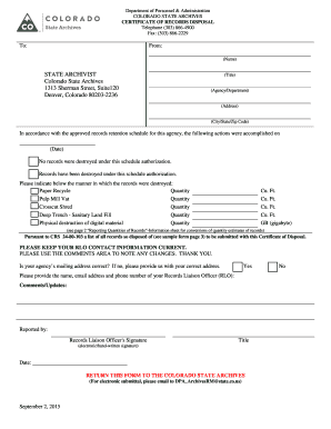 Fillable Online colorado Certificate Of Records Disposal - Colorado.gov ...