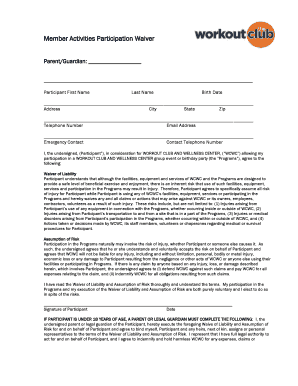 Fillable Online Member Activities Participation Waiver - TheWorkoutClub ...