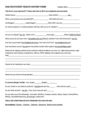 Fillable Online DIALYSIS PATIENT HEALTH HISTORY FORM todays date Fax ...