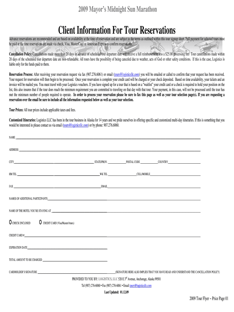 Fillable Online Client Information For Tour Reservations Fax Email ...