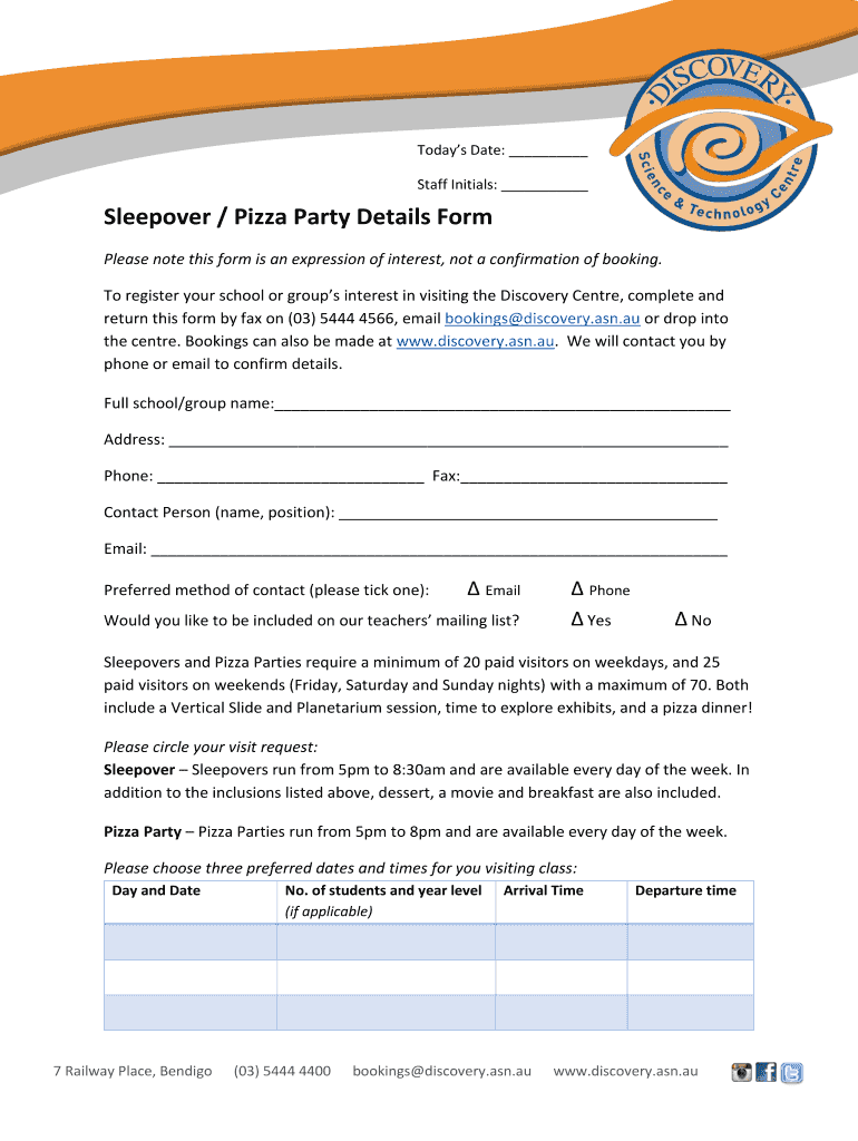 Fillable Online discovery asn Sleepover Pizza Party Details Form Fax ...
