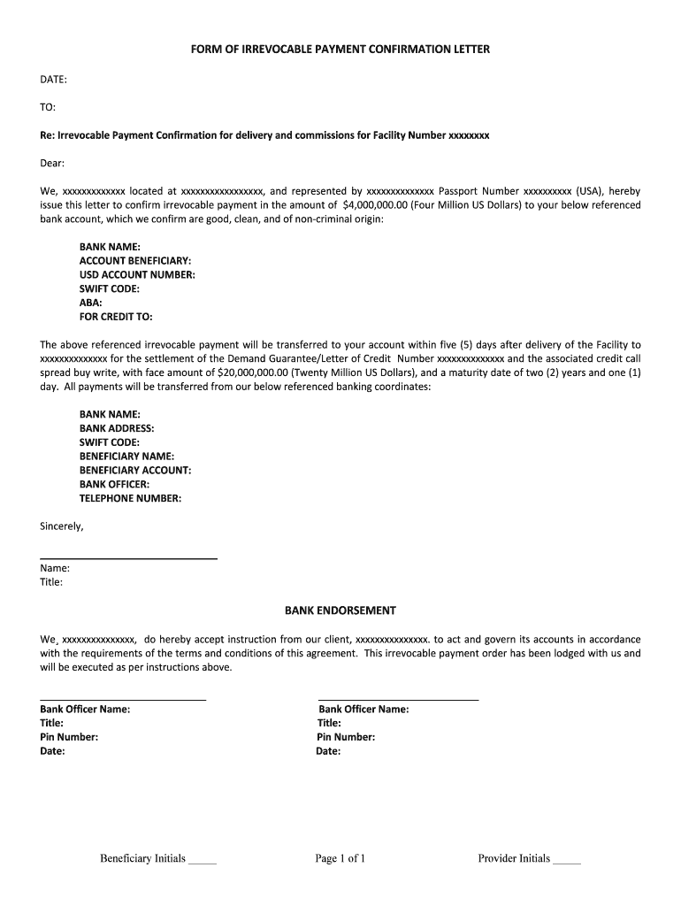 Fillable Online easybusinessloans Form of irrevocable payment ...