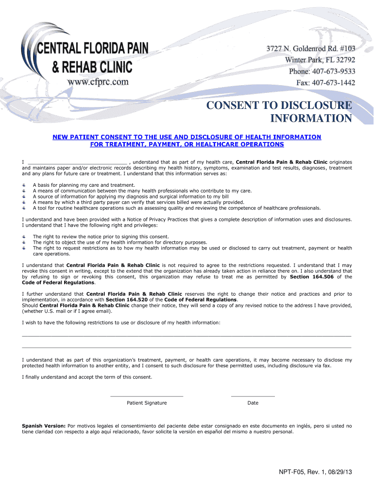 Fillable Online NEW PATIENT CONSENT TO THE USE AND DISCLOSURE OF HEALTH ...