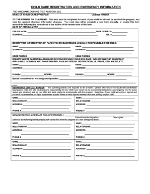 Fillable Online child care registration and emergency information name of child care program ...