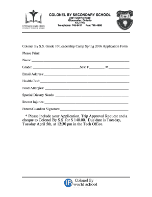 Fillable Online Camper bApplicationb - Colonel By Secondary School Fax ...