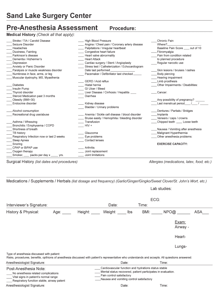 Fillable Online Sand Lake Surgery Center Pre-Anesthesia Assessment ...