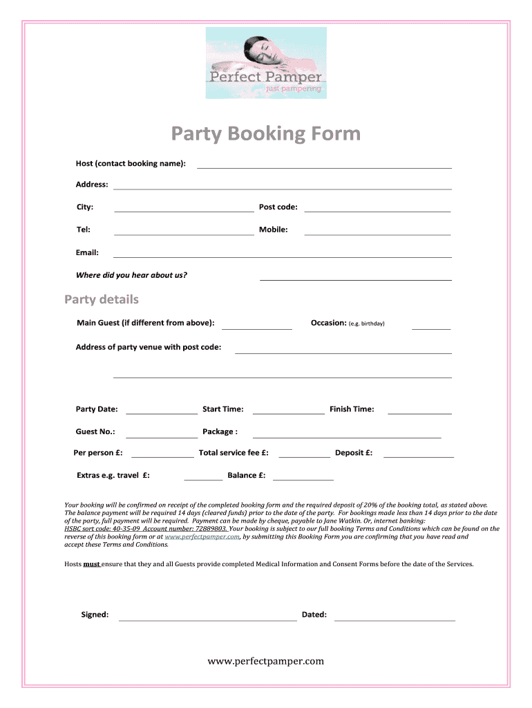 Fillable Online Party Booking Form - Perfect Pamper Fax Email Print ...