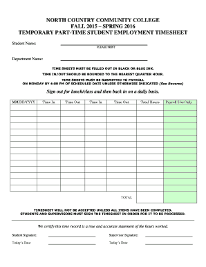 Fillable Online NORTH COUNTRY COMMUNITY COLLEGE FALL 2015 SPRING 2016 Fax Email Print - pdfFiller